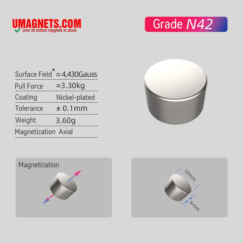 10mm X 6mm N42 Strong Neodymium Disc Magnet Strong Craft Magnets Rare ...